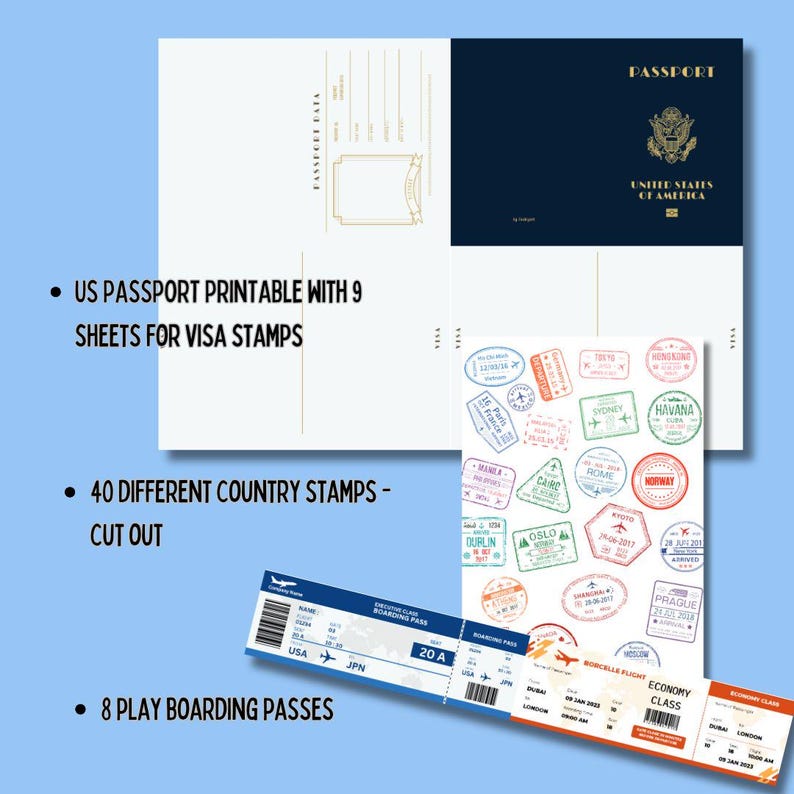 Printable US Passport for Kids, Pretend Play Kit, Printable Stamps ...