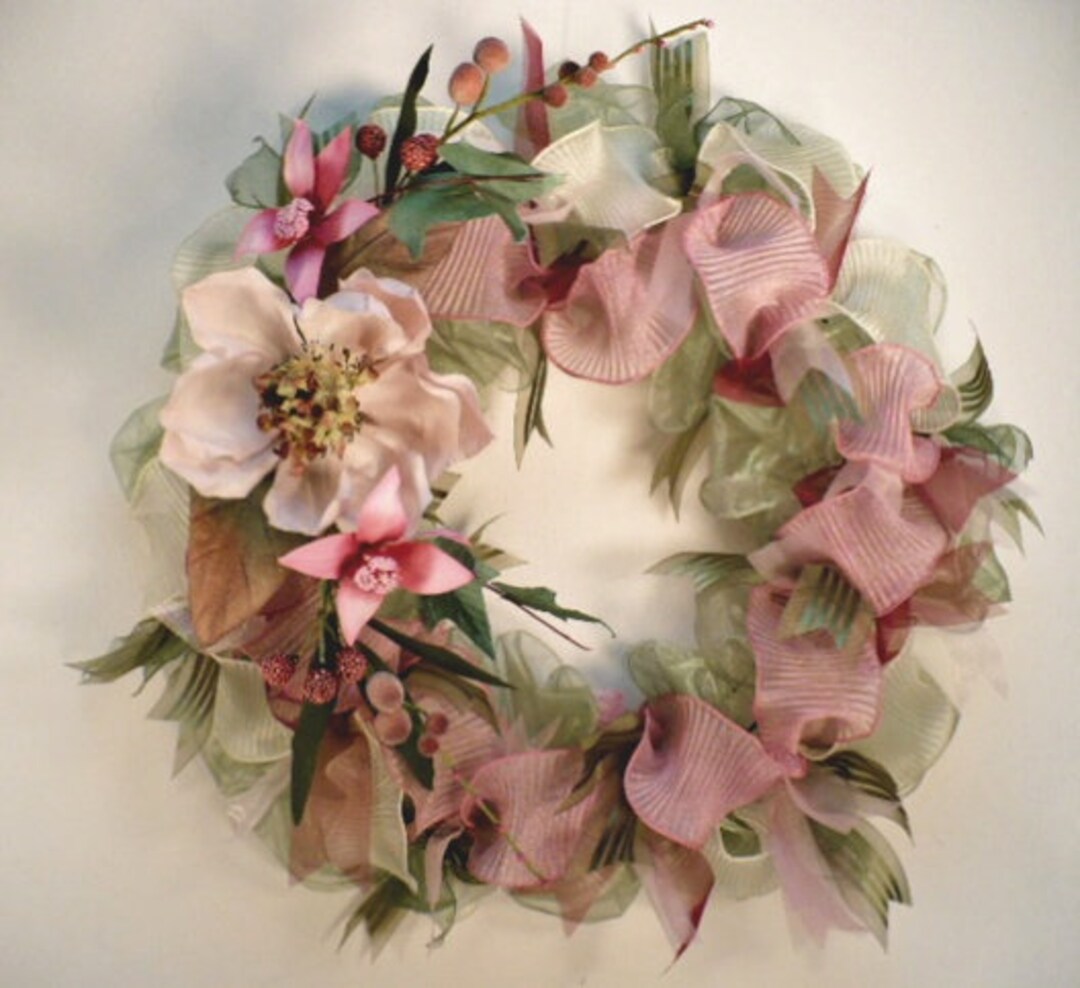Everyday Ribbon Wreath, Pink Magnolia Ribbon Wreath for Front Door ...