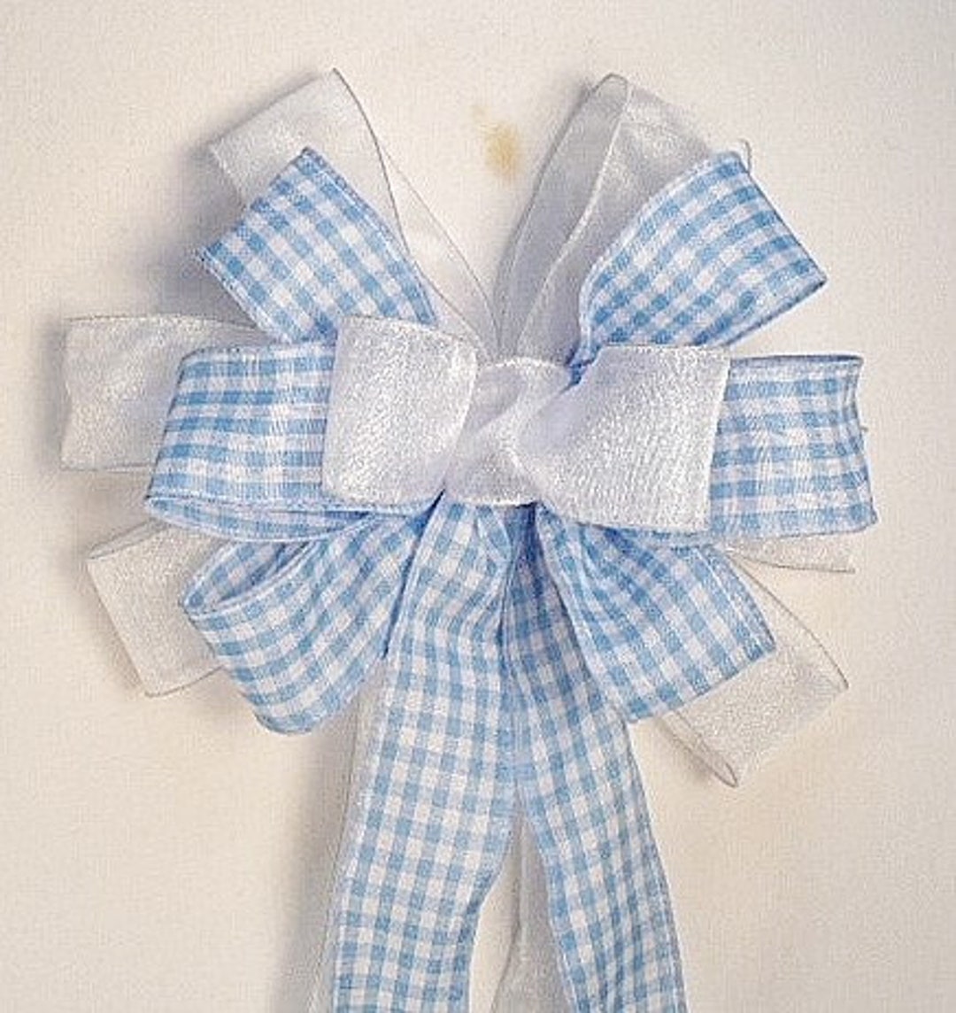 Blue White Gingham Wreath Bow, Blue White Gift Bow, White Blue Party ...