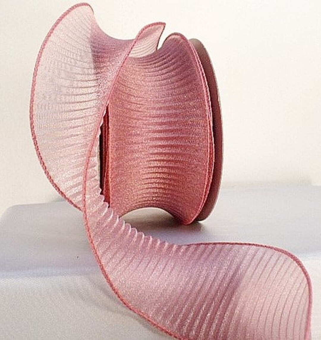 20 Yards Victorian Pink Spiral Wired Ribbon, Pleated Pink Mauve Semi ...