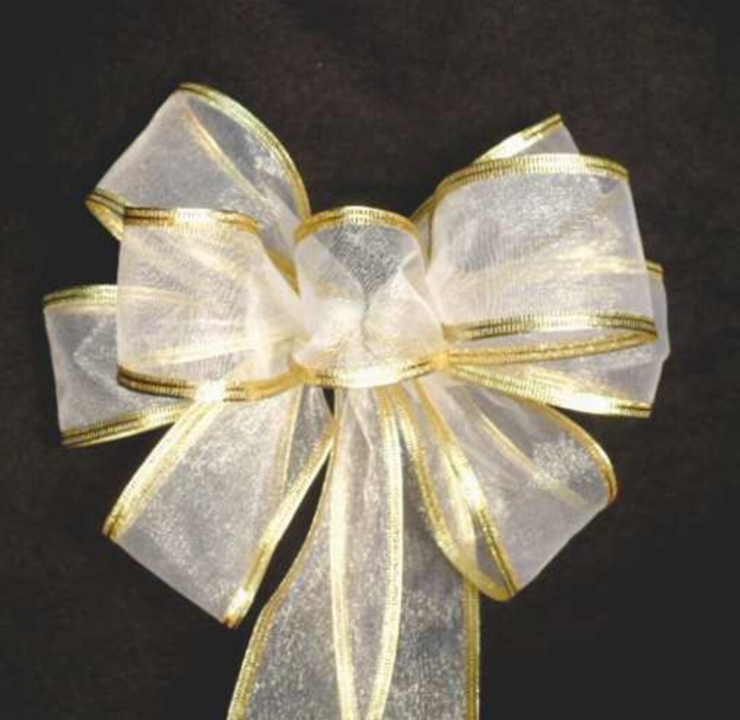 Set of 4 Medium White Metallic Gold Bow, Sparkle Sheer White/gold Tone ...