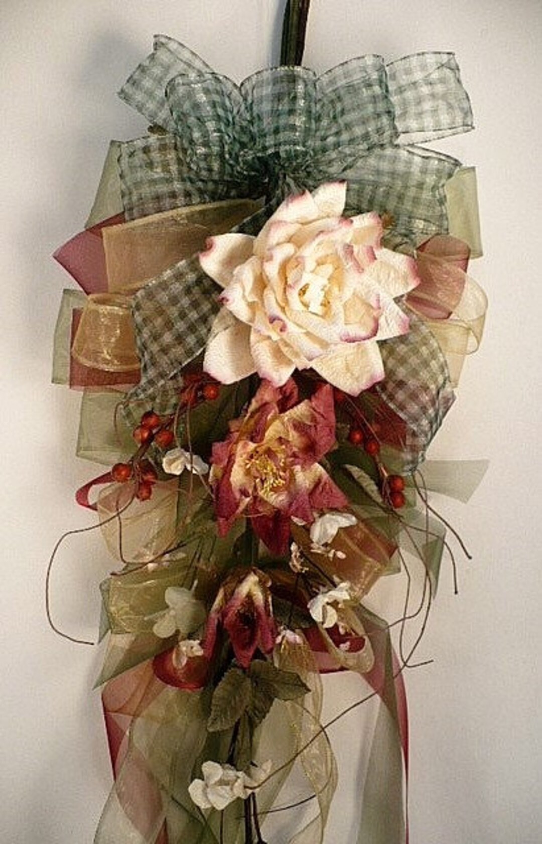 Floral Rose Handmade Swag, Rose Ribbon Door Swag, Country Farmhouse ...