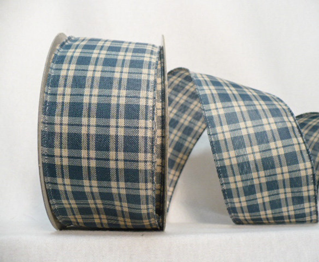 Wired Country Blue Plaid Ribbon, French Check, Floral Wreath Accent (2 ...