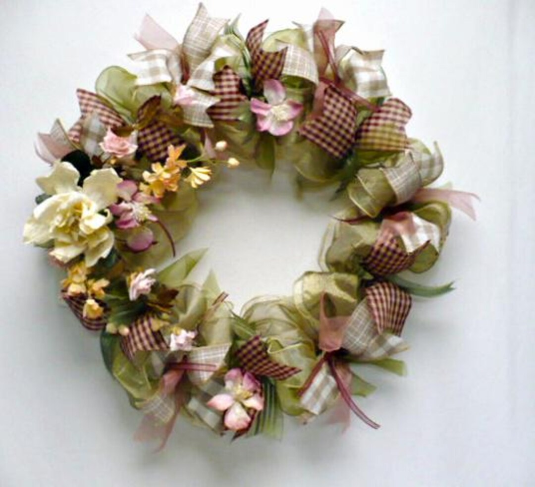 Farmhouse Rose Ribbon Wreath, Everyday Floral Ribbon Wreath for Front ...