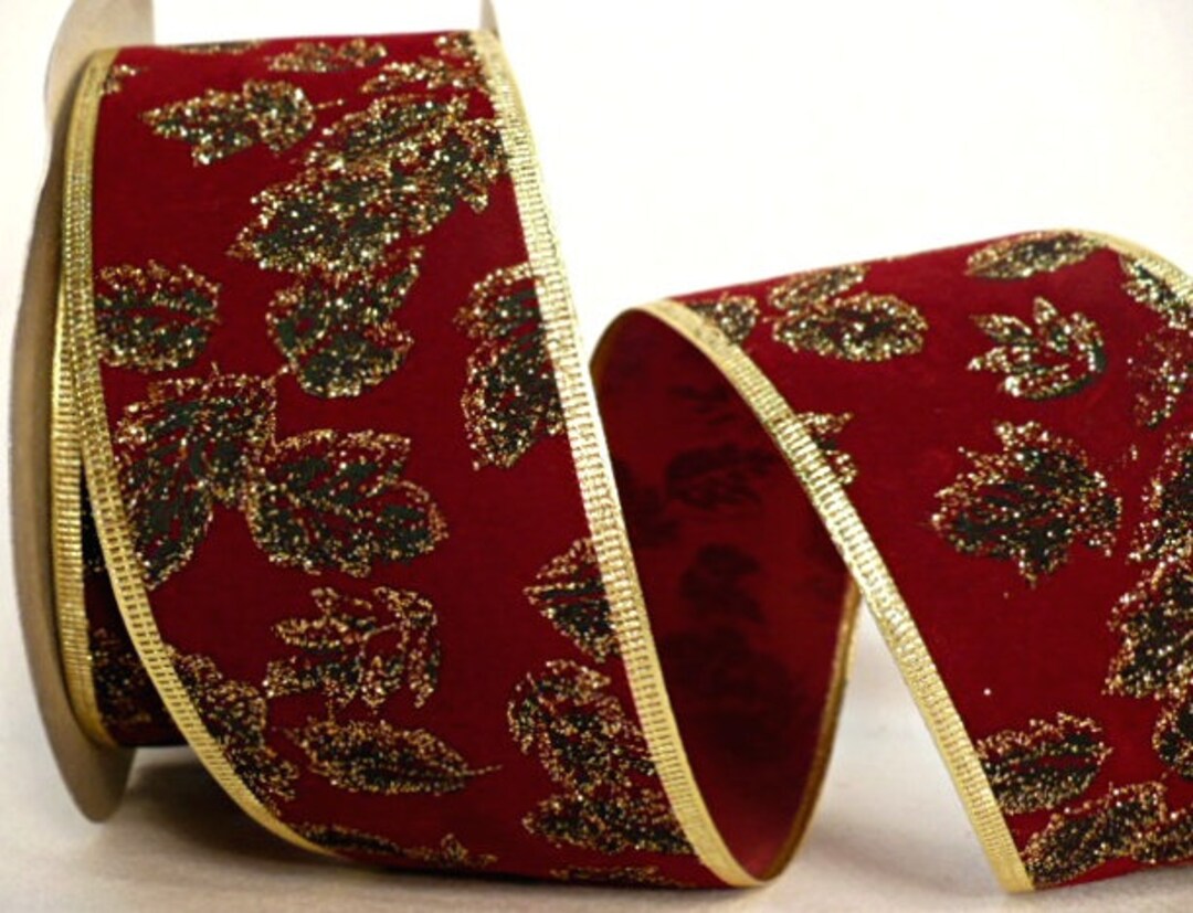 Velvet Burgundy Glitter Gold Green Leaves Gold Edge, Burgundy Velvet ...
