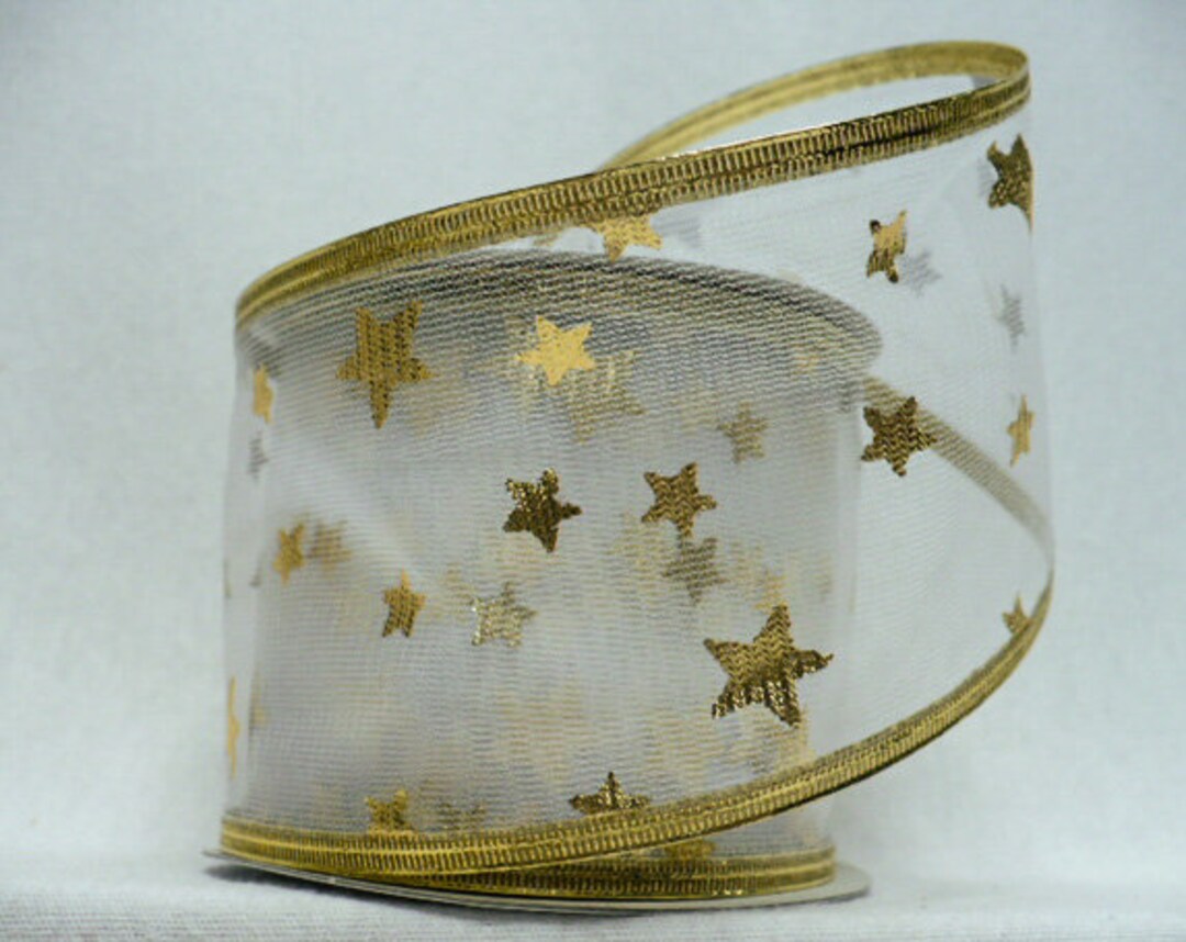 Gold Star Print Wired Ribbon, Christmas Ribbon, Sheer Ribbon Gold Stars ...
