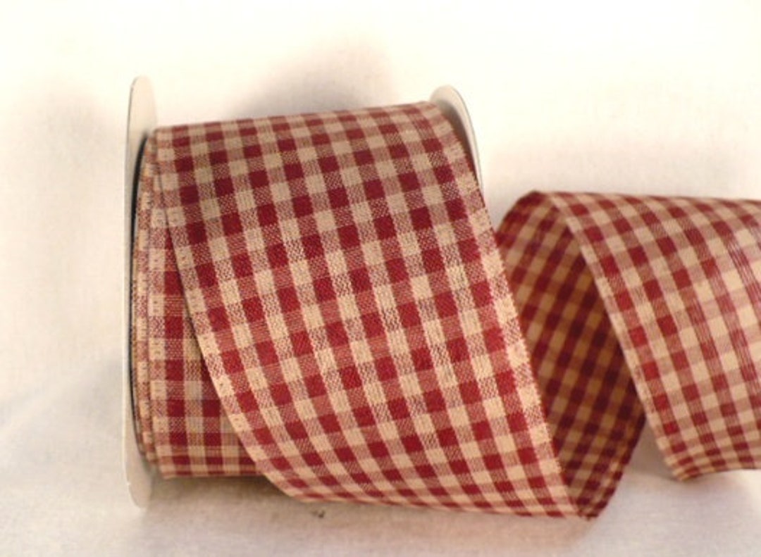 Country Gingham Check Wired Ribbon, Burgundy Tan Gingham Ribbon, Primitive Gingham Wired 2.5" X ...