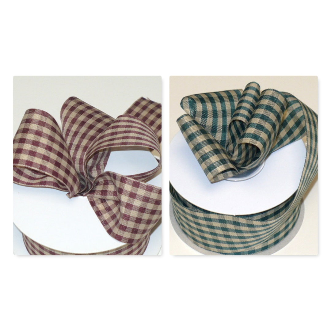 Country Burgundy Tea Dye Cut Ribbon, Primitive Gingham Tea Dye Cut ...