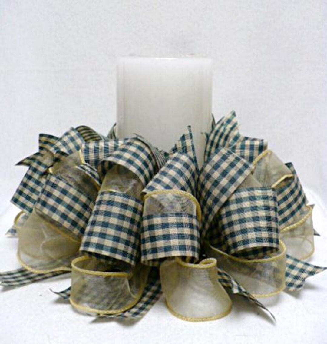 Primitive Hunter Green Country Check Ribbon Candle Ring, Burgundy Check ...