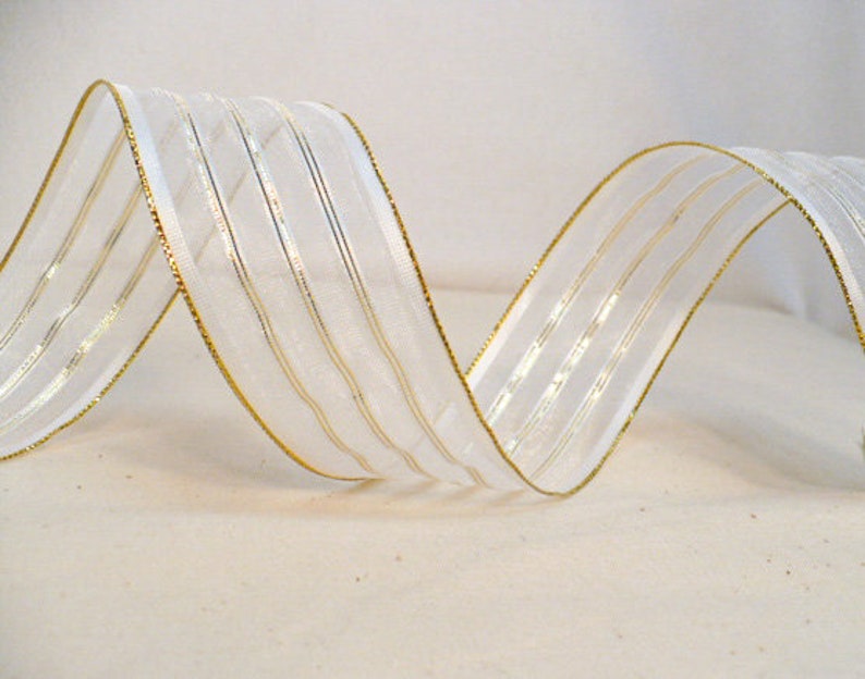 White Gold Lines Wired Ribbon Wedding Ribbon White With - Etsy