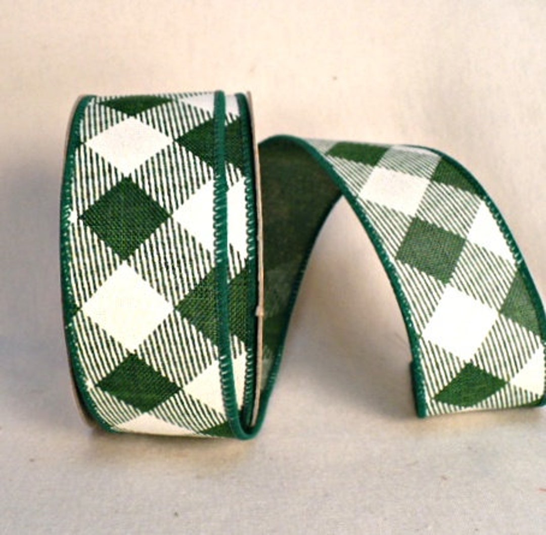 Green White Diagonal Check Wired Ribbon, White Green Check Wired Ribbon ...