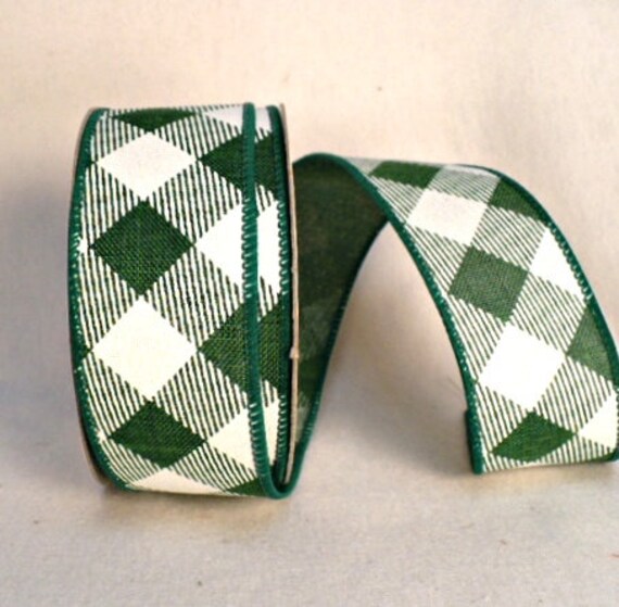 Green White Diagonal Check Wired Ribbon White Green Check - Etsy