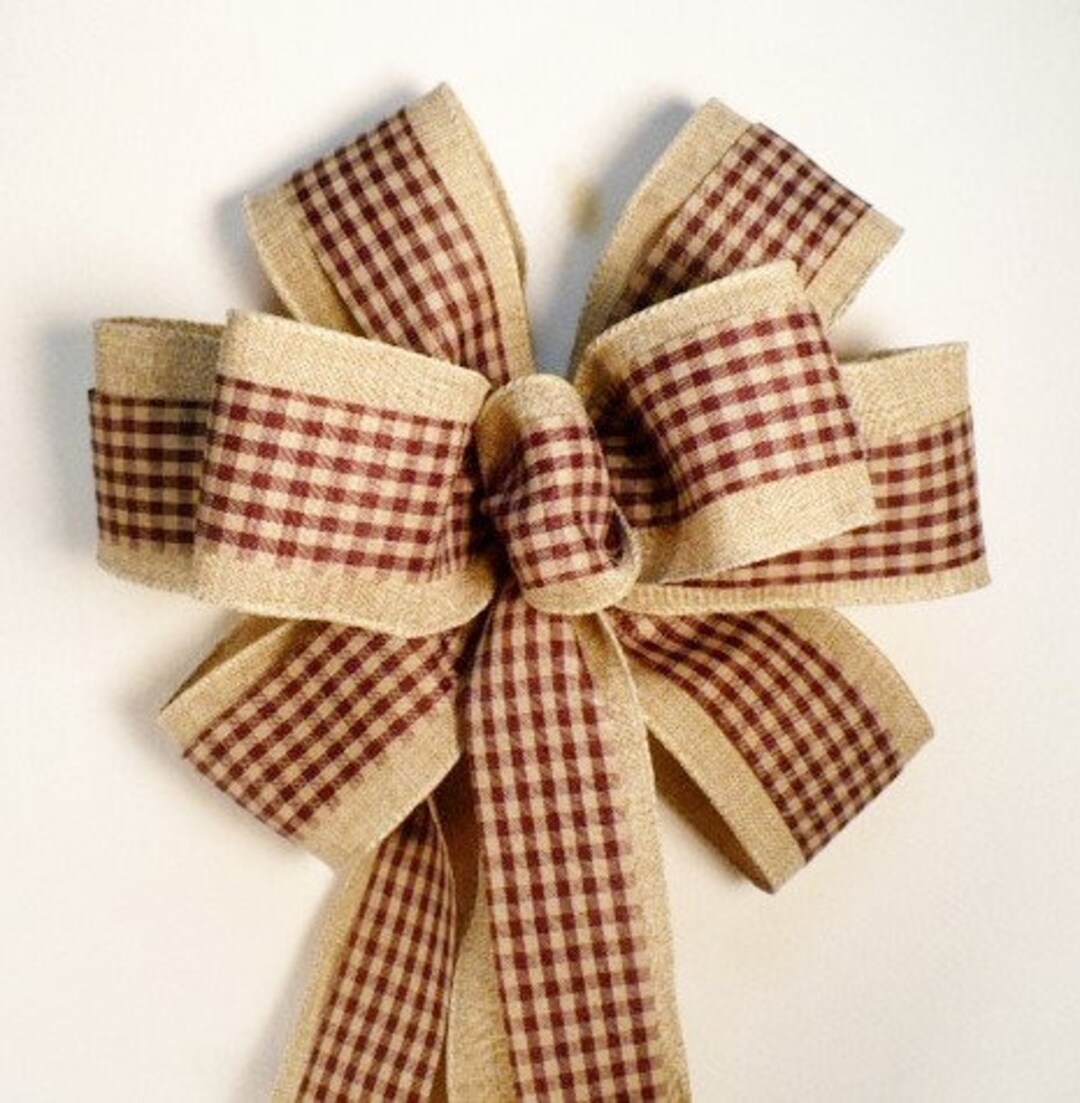 Primitive Country Burgundy Tea Dye Beige Ribbon Wreath Bow, Country ...