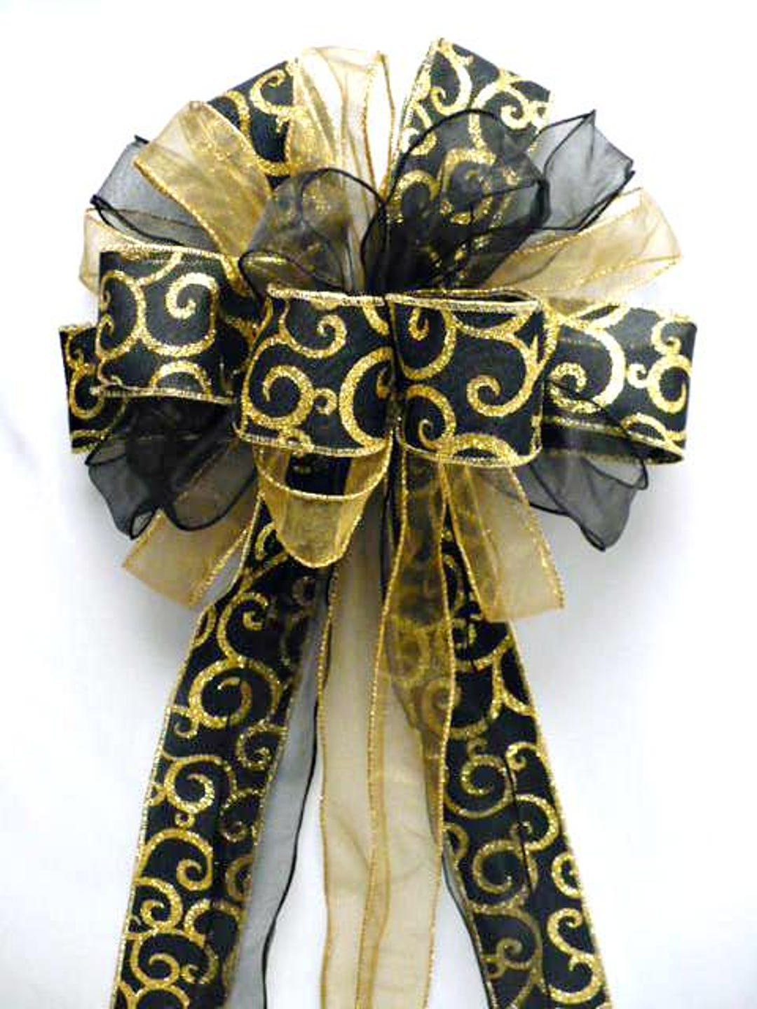 Black Gold Christmas Tree Bows, Glittered Scroll Ribbon, 12 Inch - Etsy