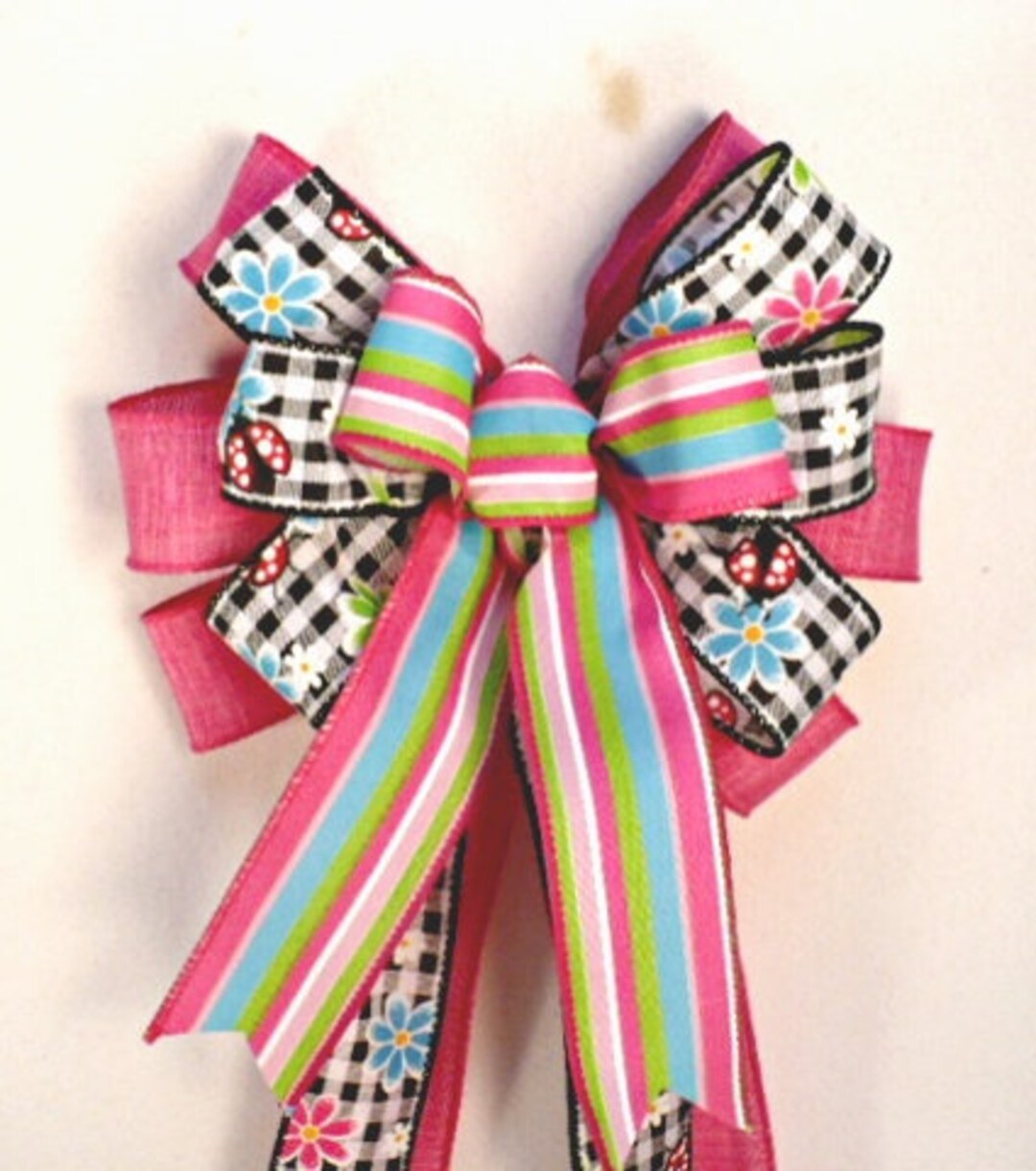 Summer Wreath Bow, Summer Daisy Lady Bugs Wreath Bow, Pink Blue Green ...