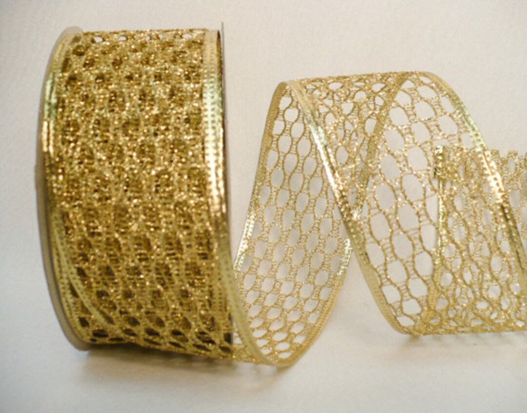 Metallic Gold Net Wired Ribbon, Holiday Wreath Ribbon (2 Inch, 15 Yards ...