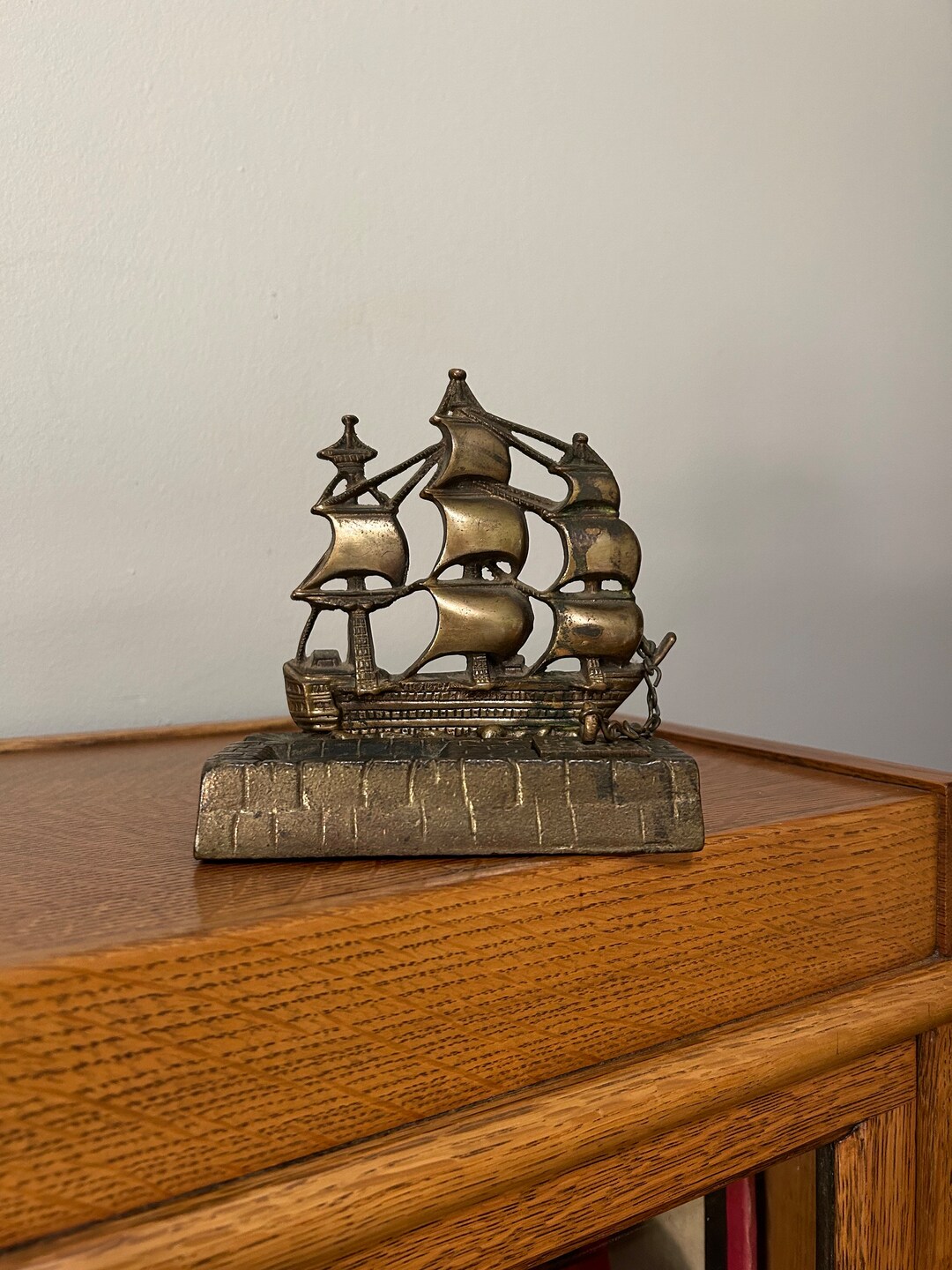 Antique Brass Sailing Ship Galleon Nautical Desk Top Writing Ink Well ...