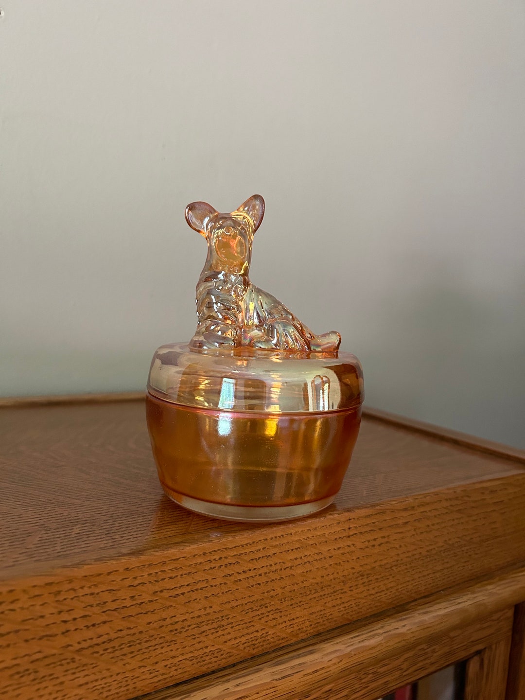 Vintage Jeanette Glass Carnival Marigold Scottish Terrier Powder Dish ...