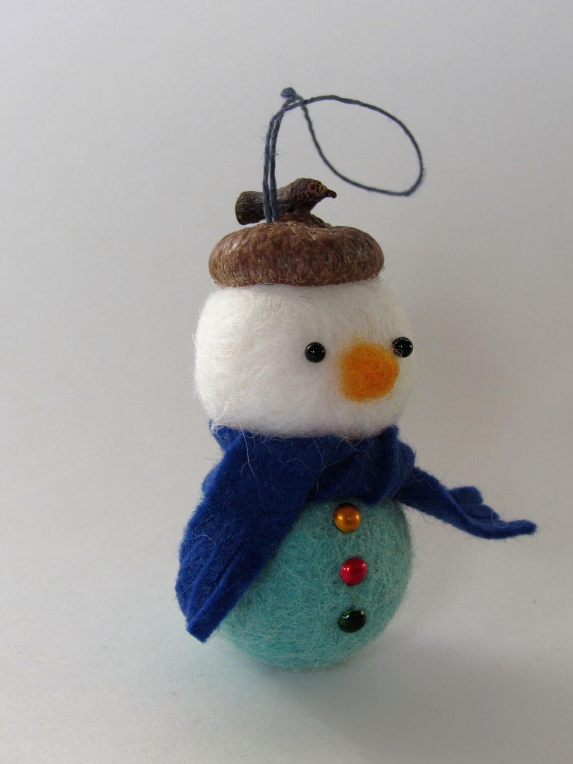 Wool Felt Acorn Hat Snowman With Navy Scarf / Christmas Tree Ornament ...