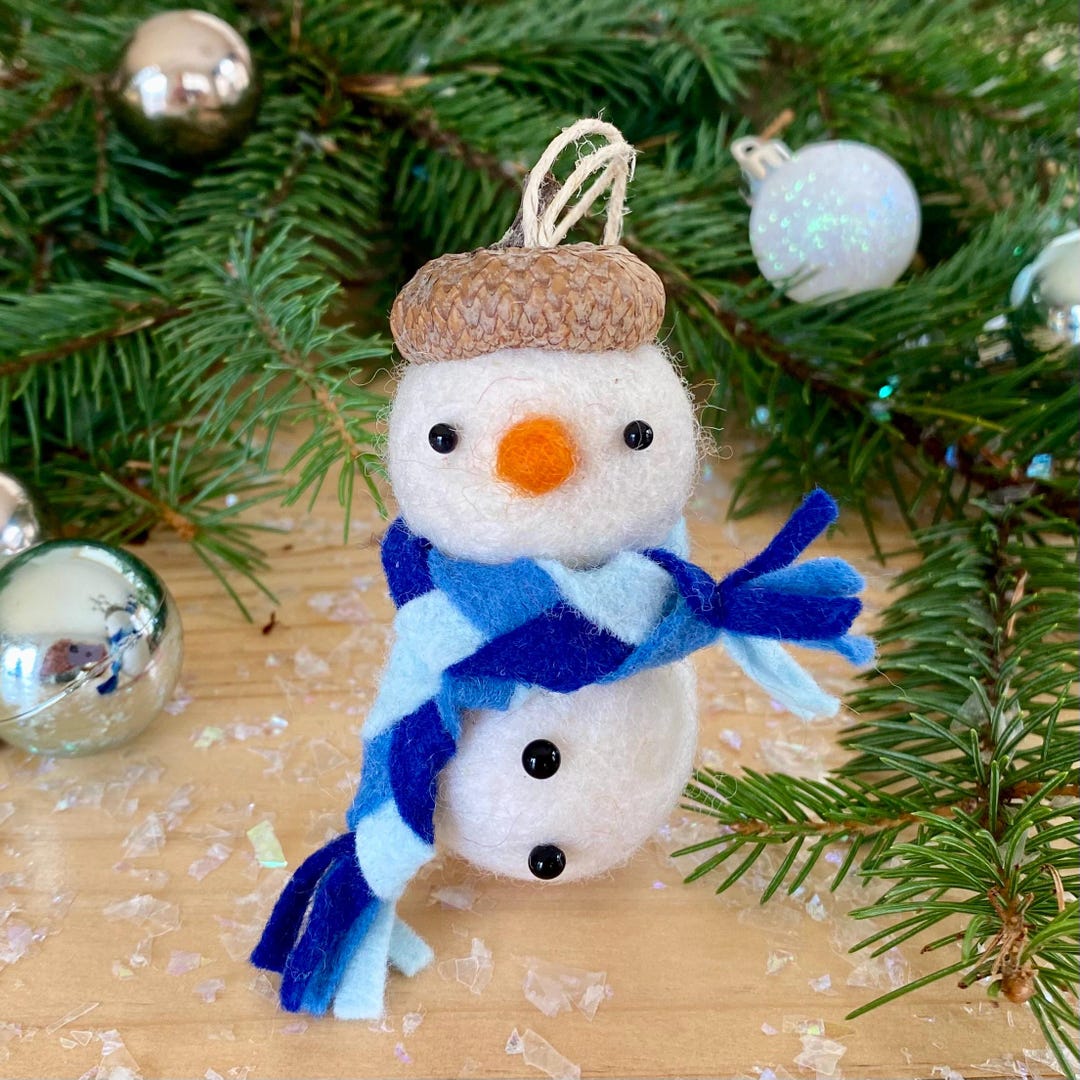 Acorn Hat Wool Felt Snowman With Dark Blue Scarf / Christmas Tree ...