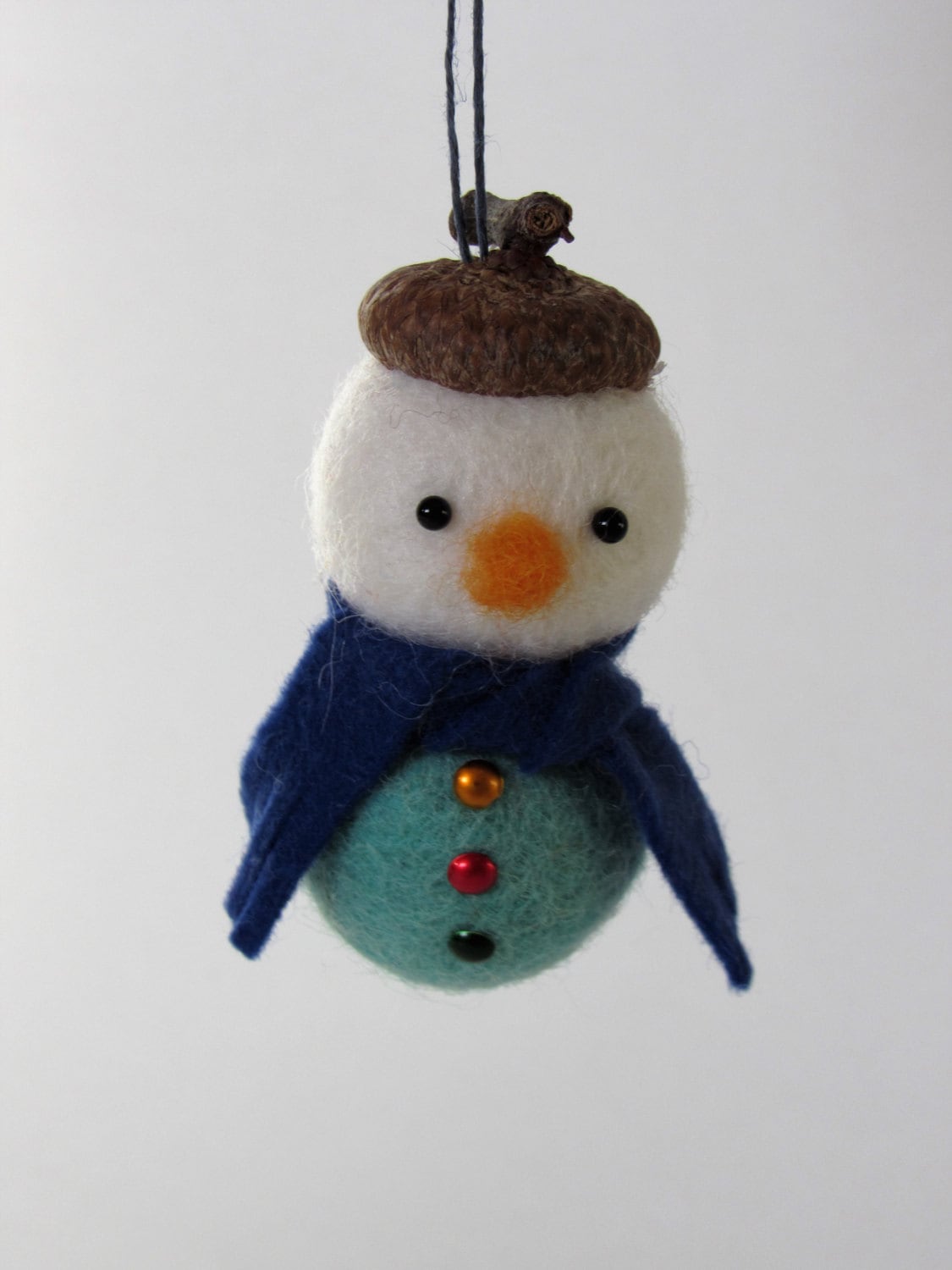 Wool Felt Acorn Hat Snowman With Navy Scarf / Christmas Tree Ornament ...
