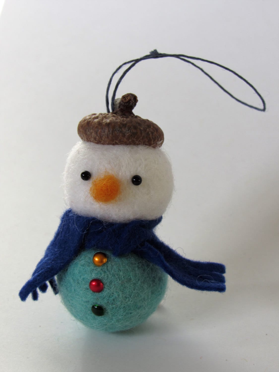 Wool Felt Acorn Hat Snowman With Navy Scarf / Christmas Tree Ornament ...