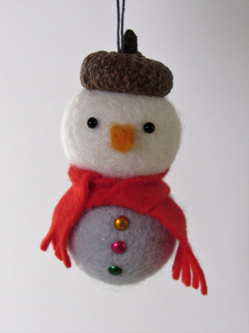 Wool Felt Acorn Hat Snowman With Red Scarf / Christmas Tree Ornament ...
