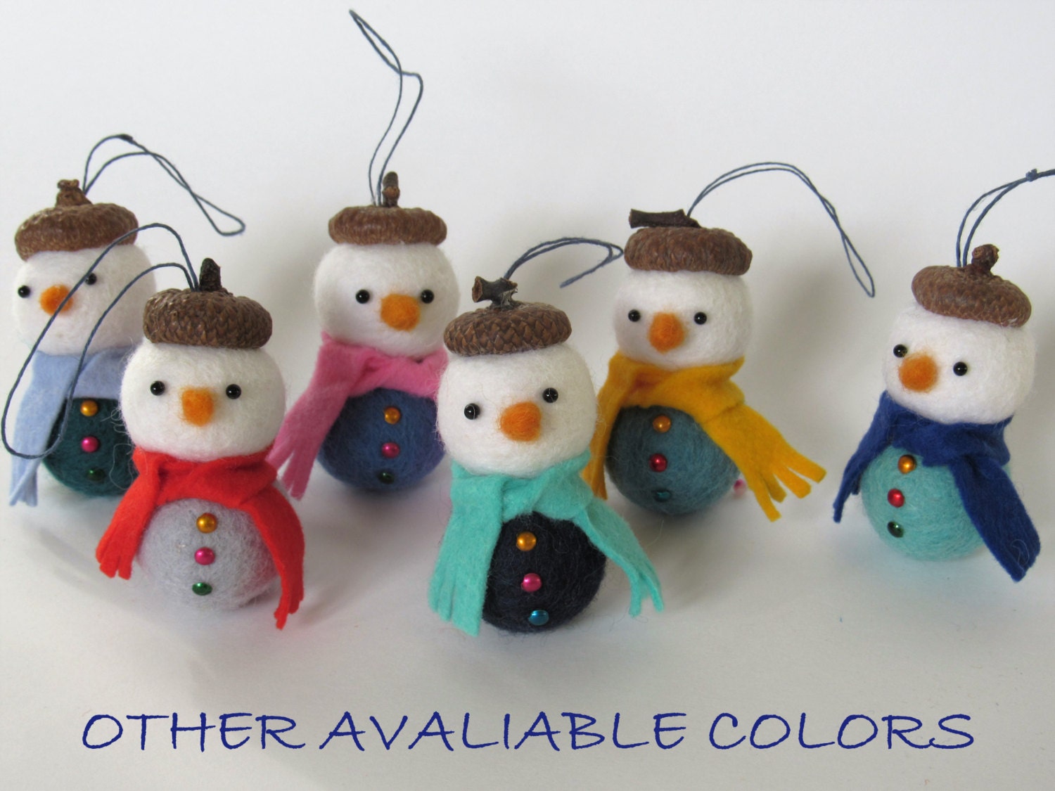 Wool Felt Acorn Hat Snowman With Navy Scarf / Christmas Tree Ornament ...