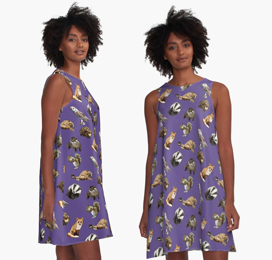 Purple Wildlife Dress * Woodland Animal Floaty A-line Dress With Badger ...