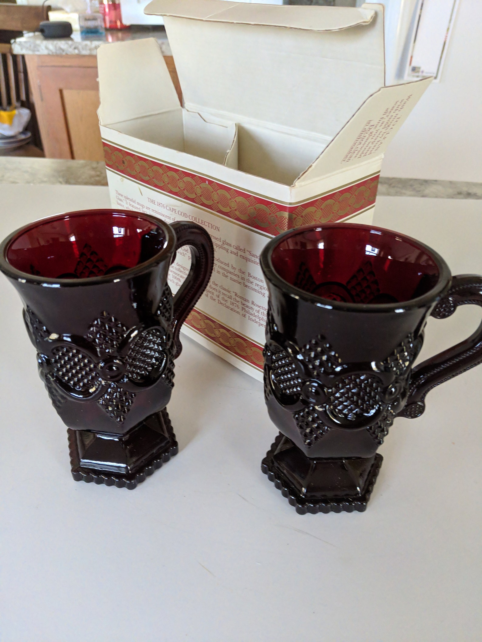 Avon 1876 Cape Cod Pedestal Mugs Set of 2 Ruby Red Glass Footed Mugs in ...