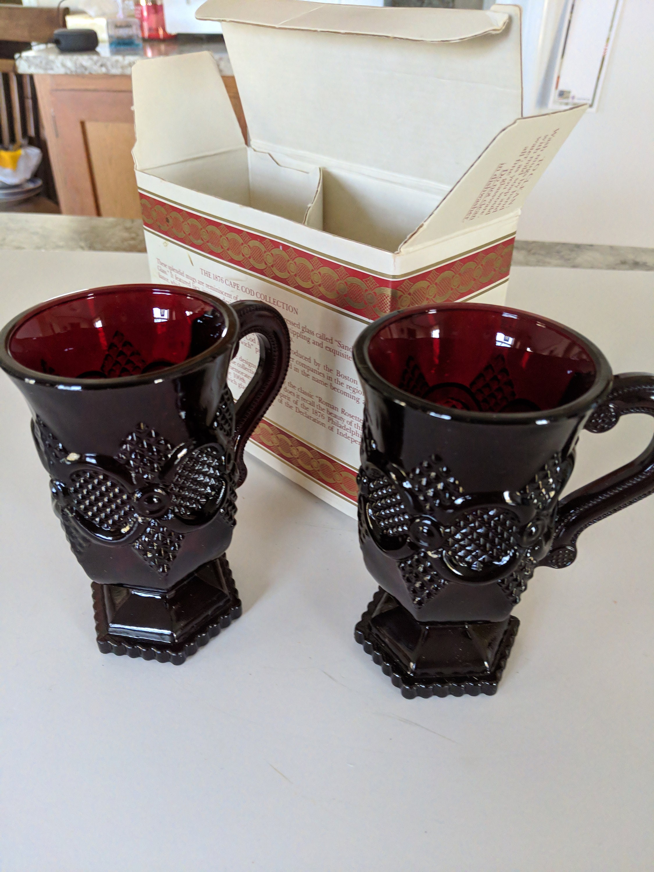 Avon 1876 Cape Cod Pedestal Mugs Set of 2 Ruby Red Glass Footed Mugs in Box - Etsy