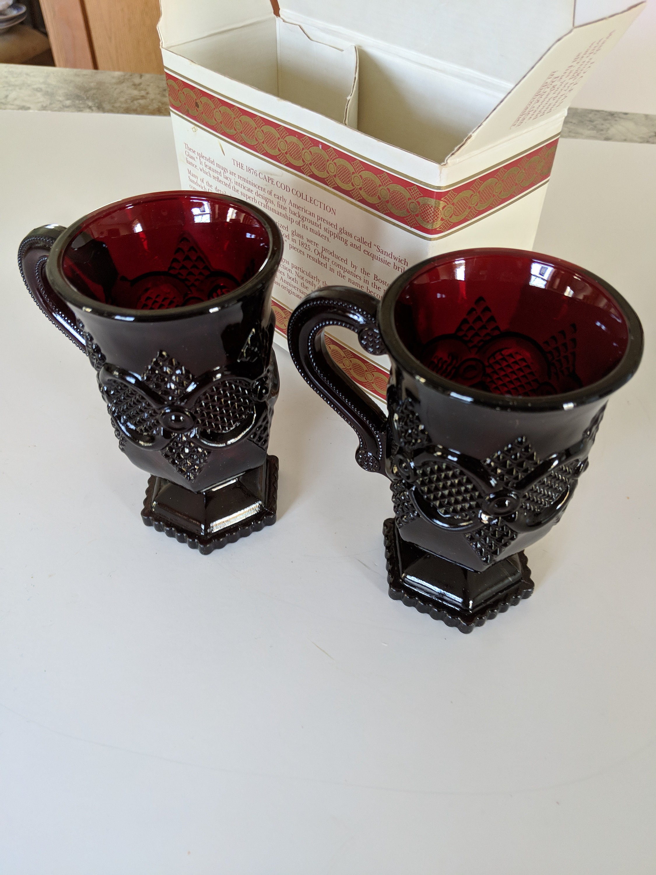 Avon 1876 Cape Cod Pedestal Mugs Set of 2 Ruby Red Glass Footed Mugs in ...