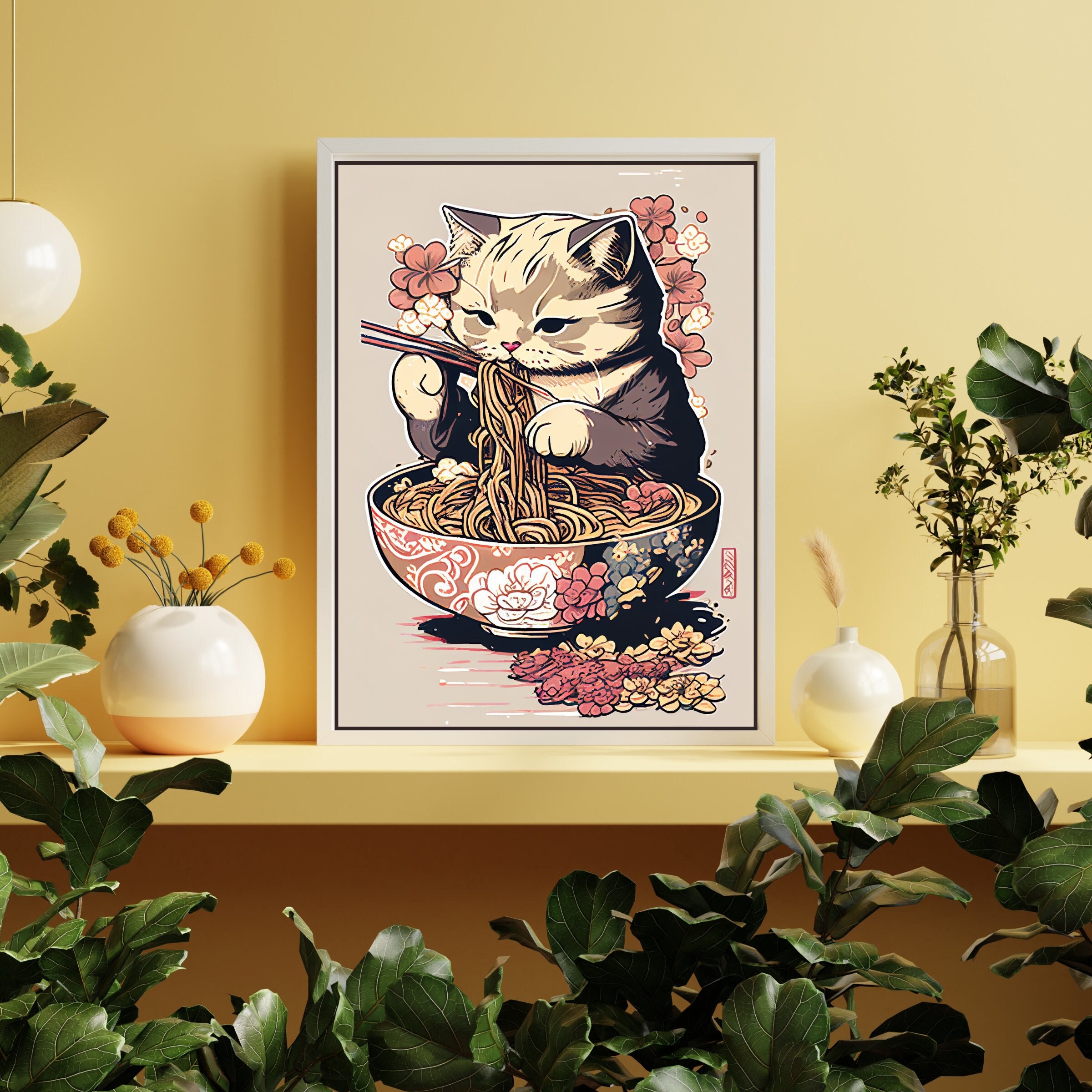 Cat Eating Ramen Wall Art Japanese Cat Wall Print Japanese Animal ...