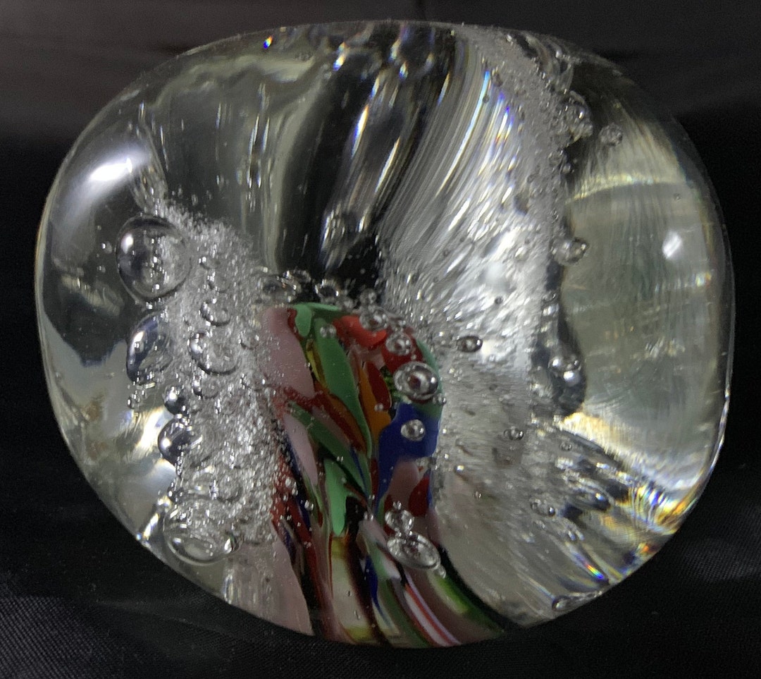 JIM KARG Art Glass Paperweight - Multi Color Ribbon, Controlled Bubbles ...