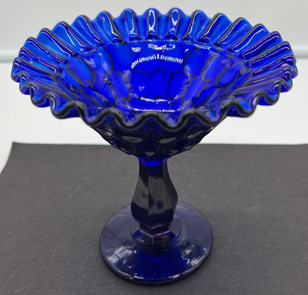 Vintage Cobalt Blue Thumbprint Pedestal Compote/candy Dish Ruffled Edge ...