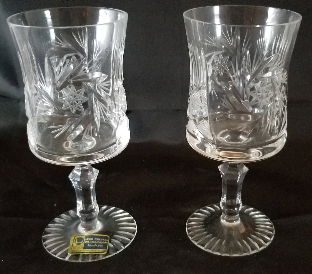 LAUSITZER Pair of Hand Cut Lead Crystal Wine Glasses Made in the G.D.R ...