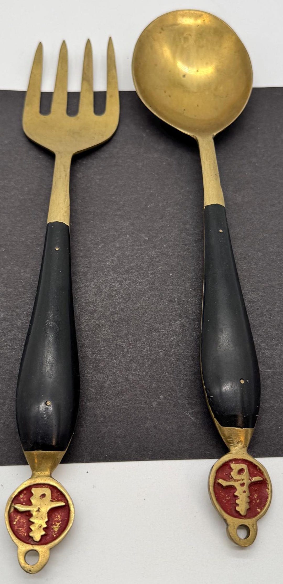 Vintage Brass and Bronze Asian Serving Spoon and Fork Flatware 11 1/4 ...