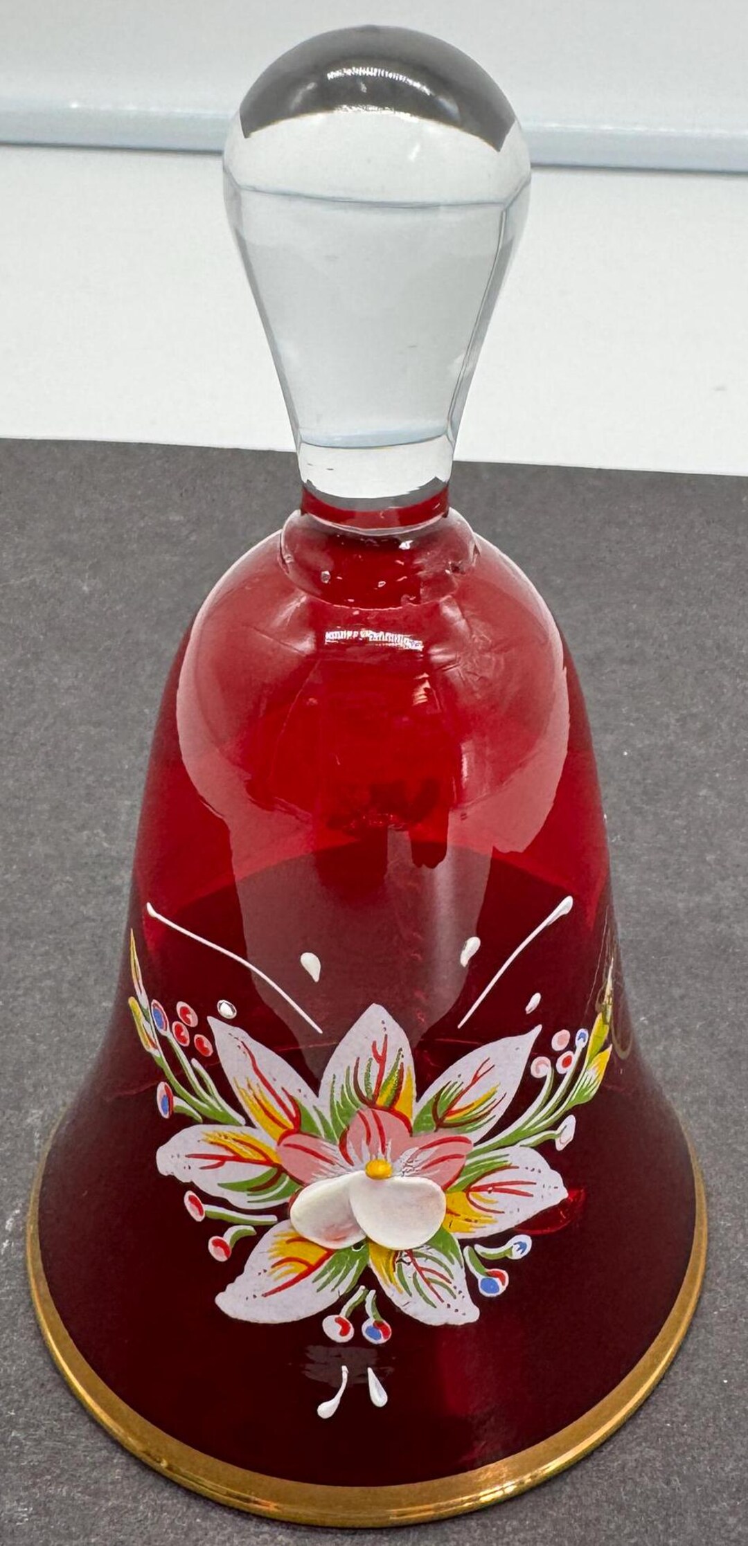 Murano Red Glass Bell 18K Gold Hand Painted W/applied Flowers 4" by 2.5 ...