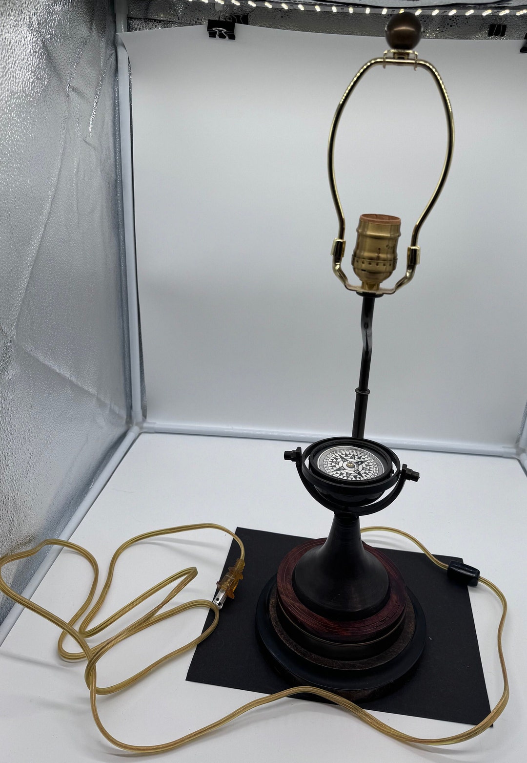 VTG. Brass Gimballed German Compass Wood/brass Inlayed Table Lamp 22 ...