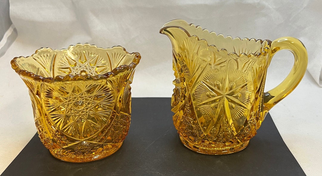 Vintage Honey Amber Kemple Glass Spooner & Creamer in Yutec Pattern - Etsy