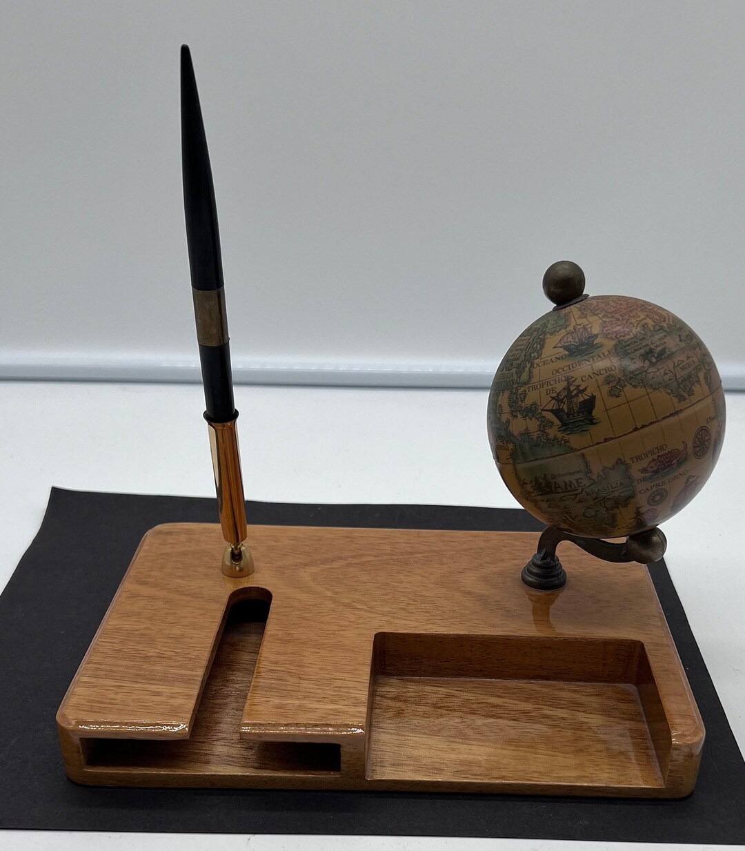 Old World Rotating Globe Desktop Pen and Note Paper Holder on Wood Base ...