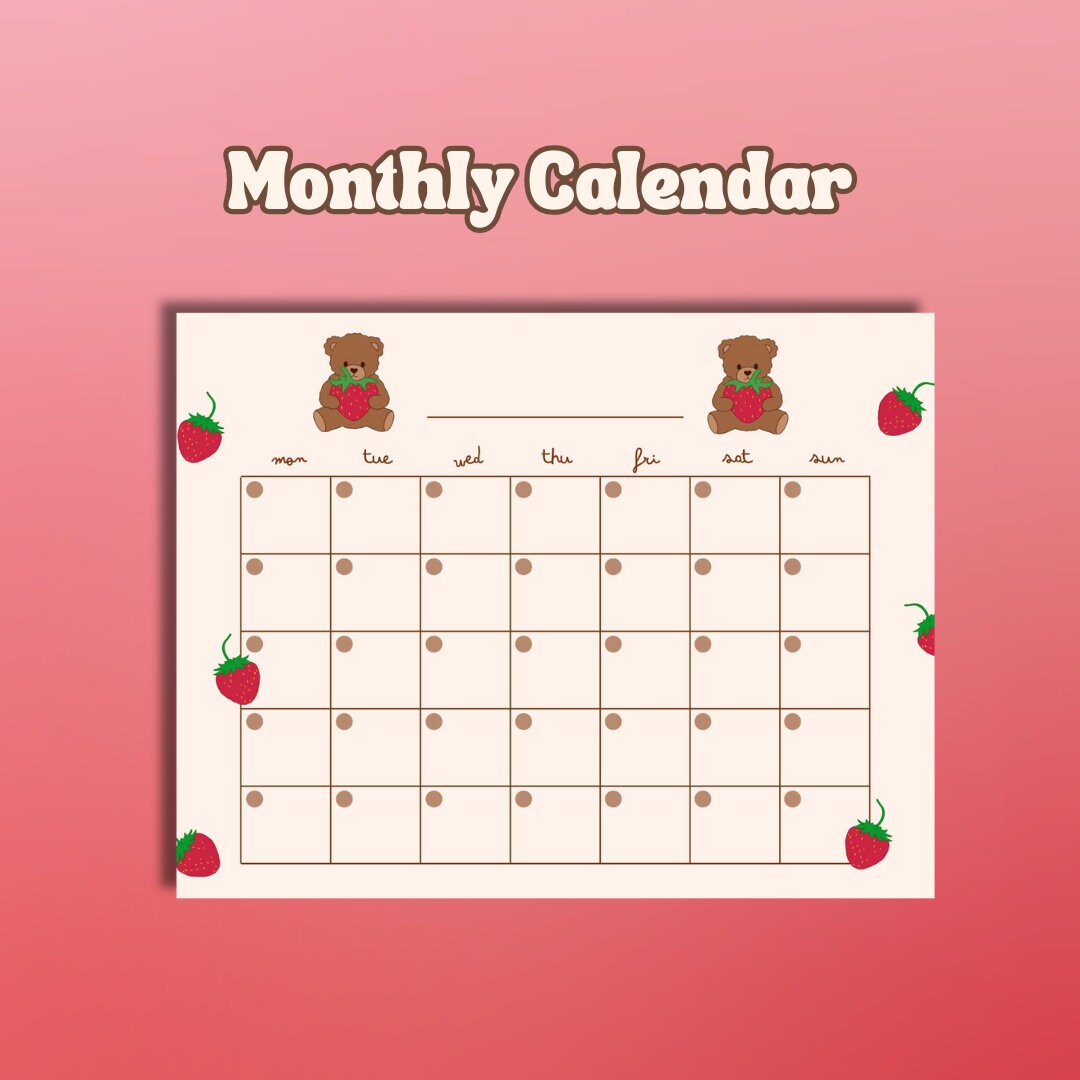 Strawberry Bear Printable Monthly Illustrated Calendar Undated - Etsy