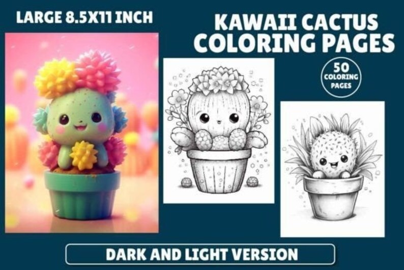 50 Cute Kawaii Cactus Coloring Book Adults and Kids Colouring Books ...