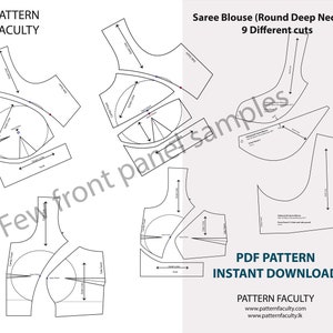 Saree Blouses – Round Deep Neckline, PDF Patterns for Bust Size 46, Digital PDF Patterns, 9 ...