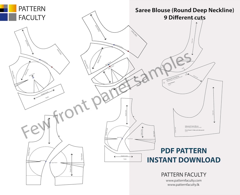 Saree Blouses – Round Deep Neckline, PDF Patterns for Bust Size 46, Digital PDF Patterns, 9 ...