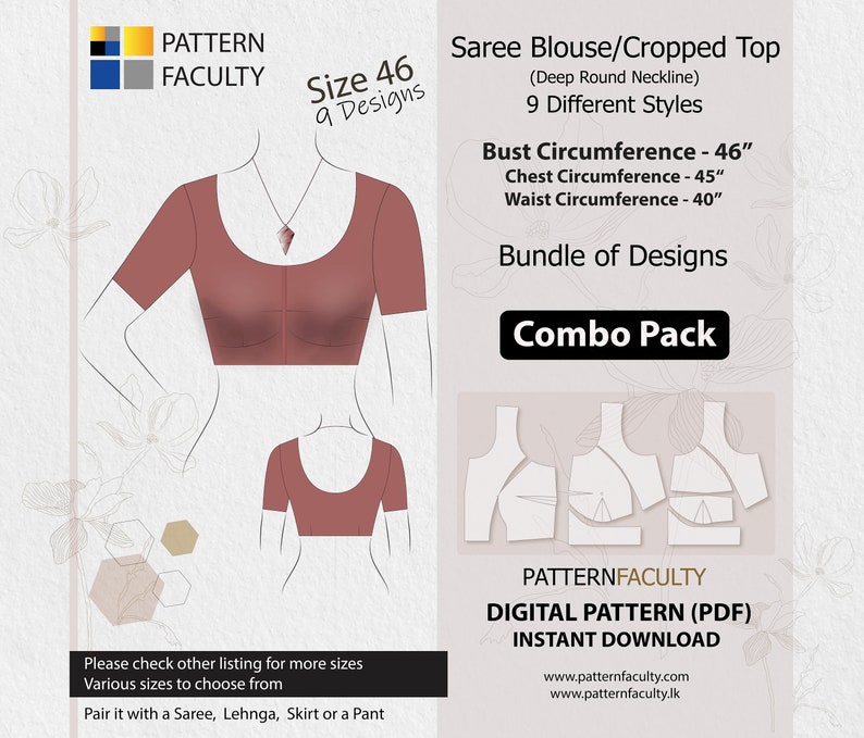 Saree Blouses – Round Deep Neckline, PDF Patterns for Bust Size 46, Digital PDF Patterns, 9 ...