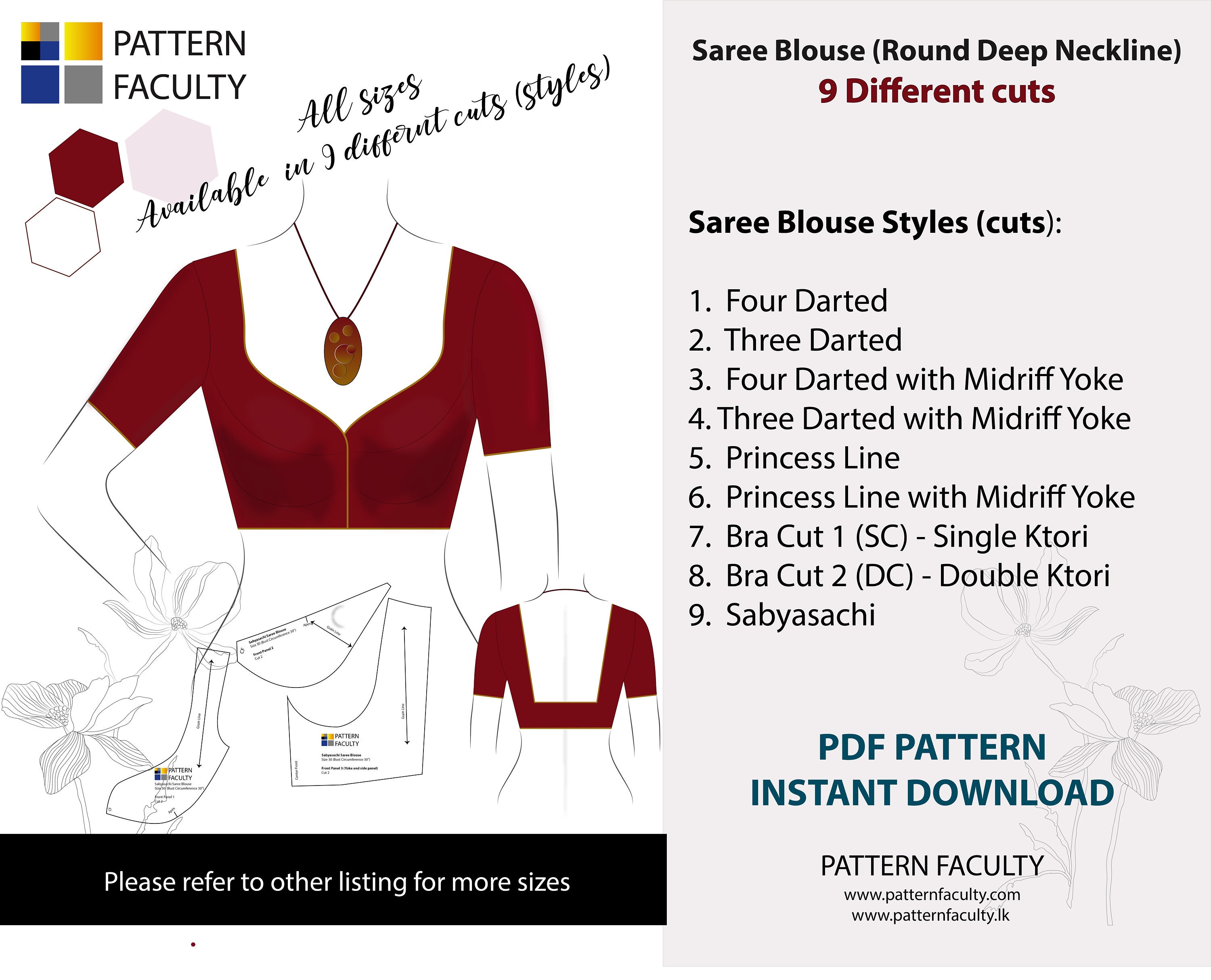 Saree Blouses – Round Deep Neckline, PDF Patterns for size 40 (Bust ...