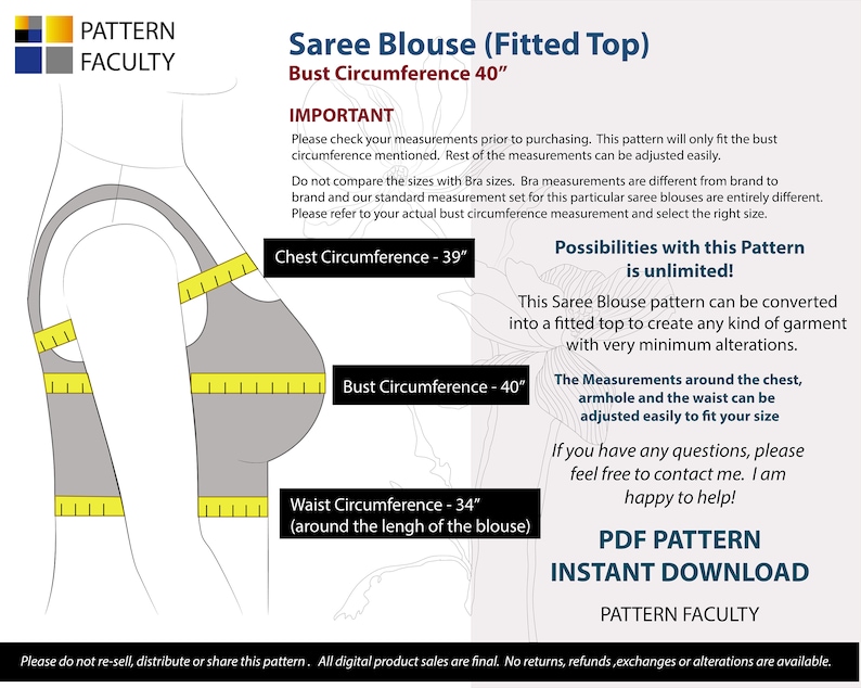 Saree Blouses – Round Deep Neckline, PDF Patterns for size 40 (Bust ...