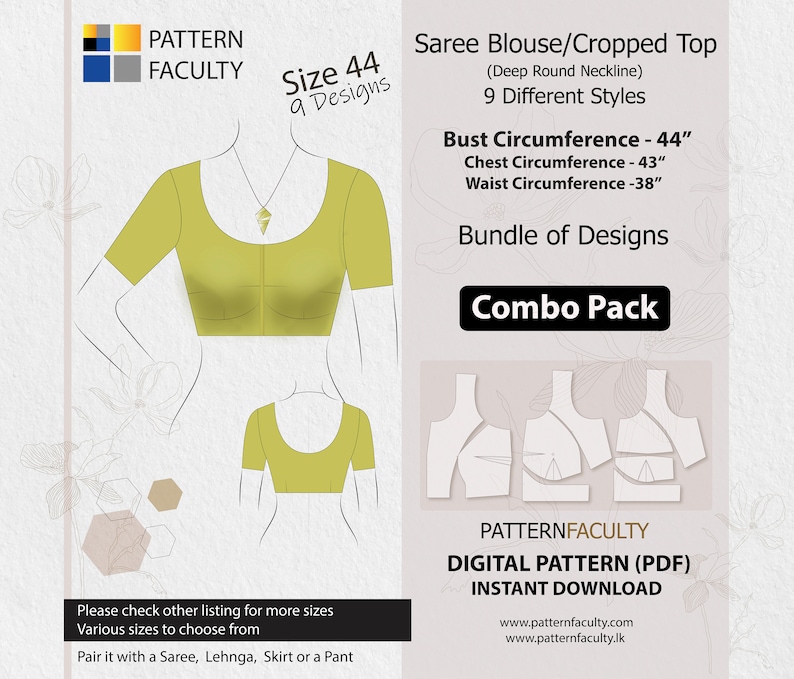 Saree Blouses – Round Deep Neckline, PDF Patterns for Bust Size 44, Digital PDF Patterns, 9 ...