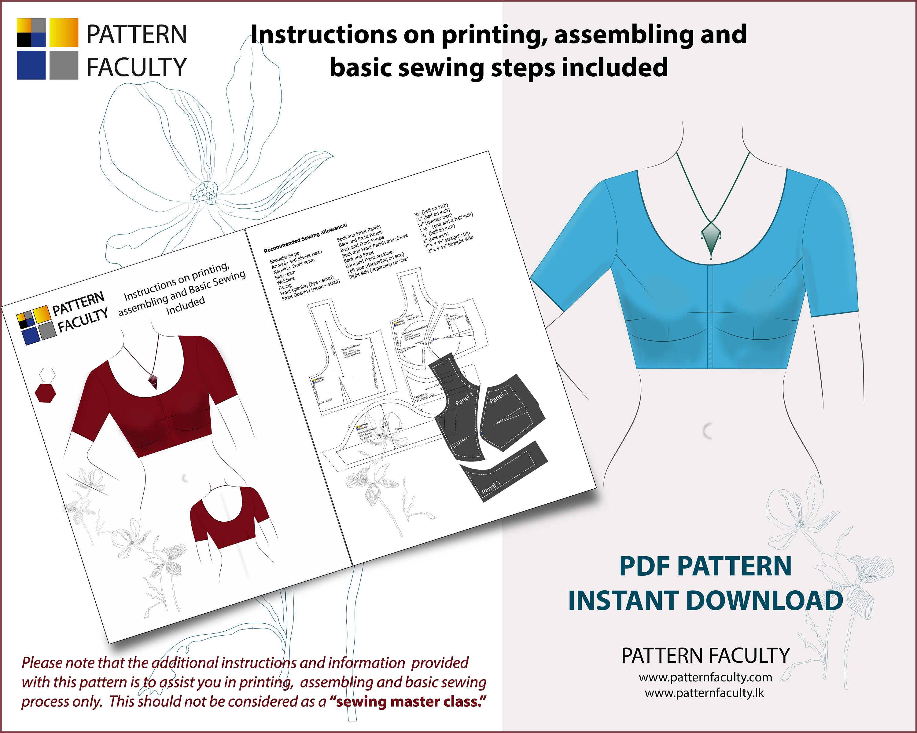 Saree Blouses – Crop Top - Round Deep Neckline, PDF Patterns for Bust ...